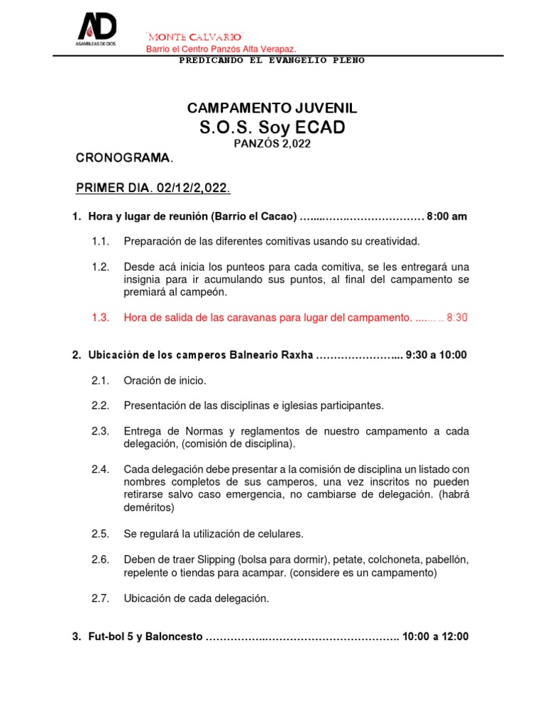 Itinerario Campamento Juvenil Panzos | PDF