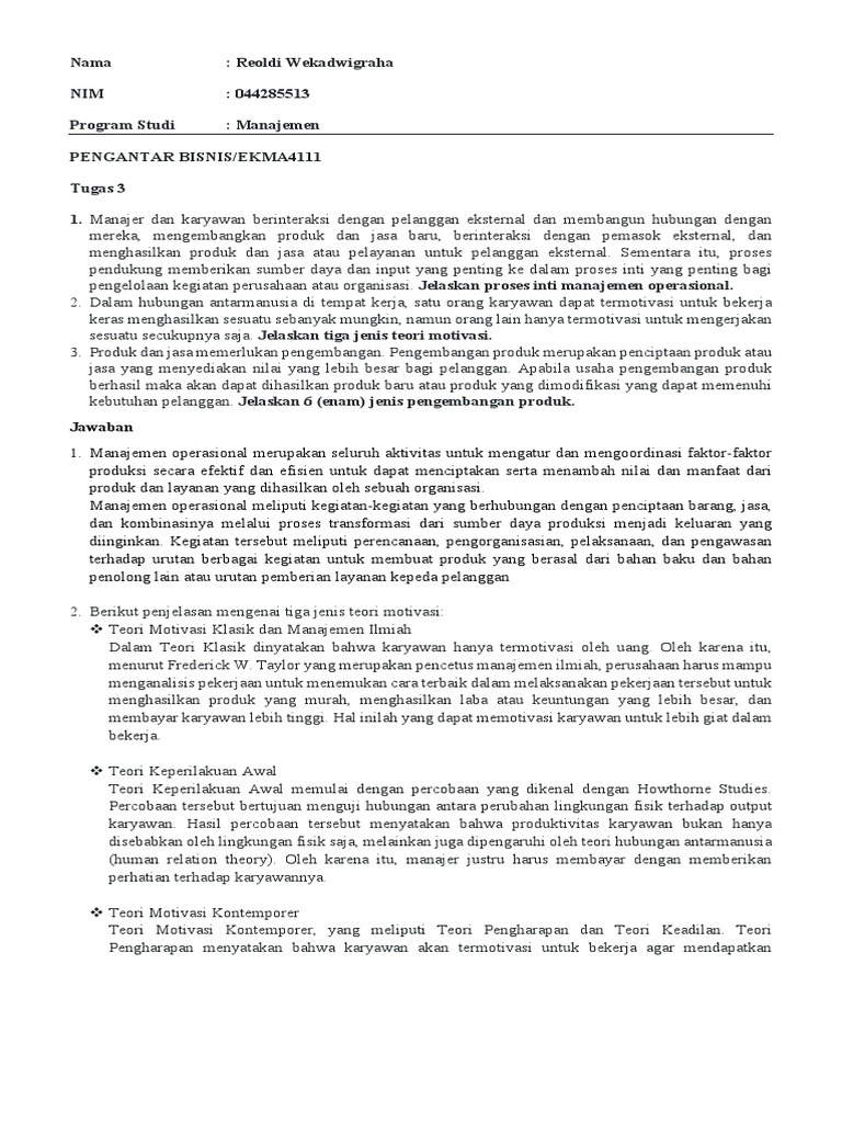 Reoldi Wekadwigraha - 044285513 - Tugas Ke-3 - PengantarBisnis | PDF