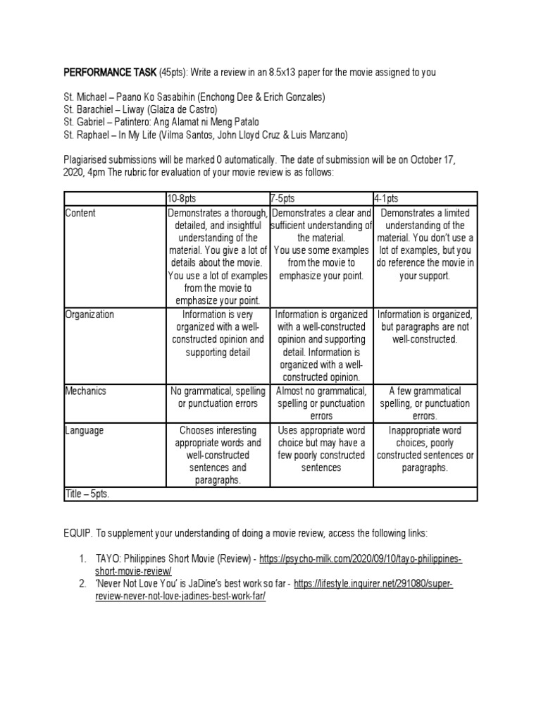 Movie Review Performance Task Guide | PDF | Linguistics | Cognition