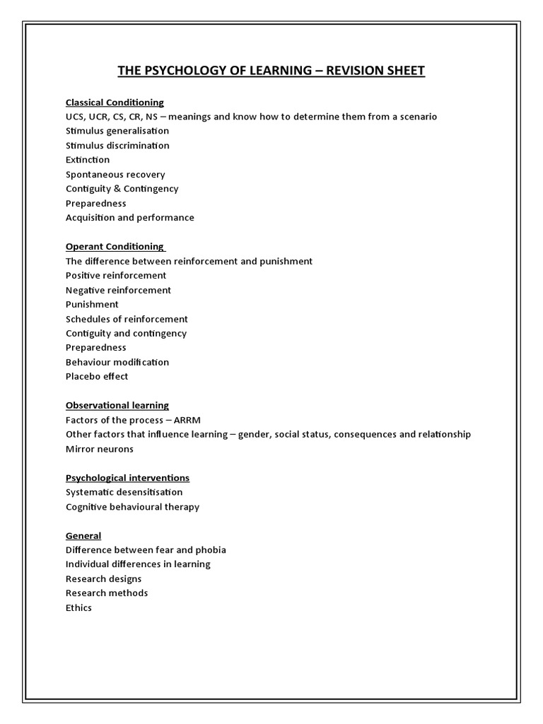The Psychology of Learning Revision Sheet | PDF