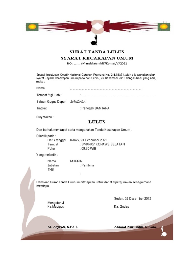 Dokumen - Tips - Piagam Pramuka Surat Tanda Lulus Sku | PDF