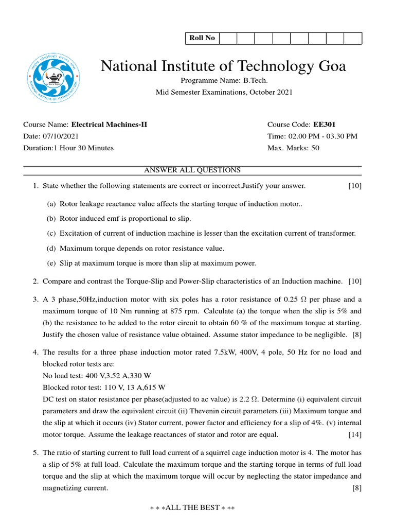 Midsem Question Paper Oct 2021 | PDF | Electric Motor | Electrical ... Midsem Question Paper Oct 2021 | PDF | Electric Motor | Electrical ...