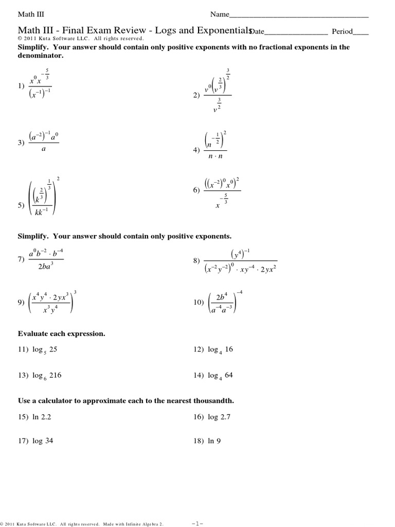 Math III - Spring Final Exam Review - Logs and Exponentials | PDF ...