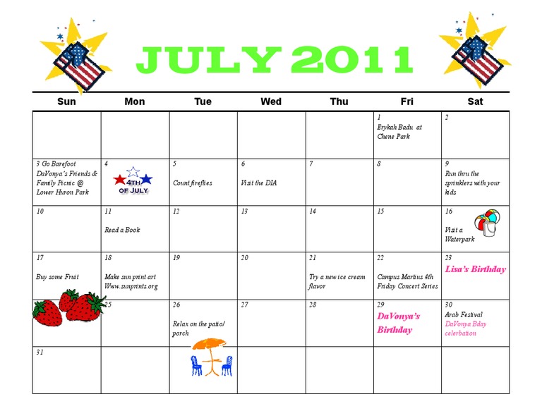 July 2011 Event Calendar Activities | PDF | Home & Garden | Art
