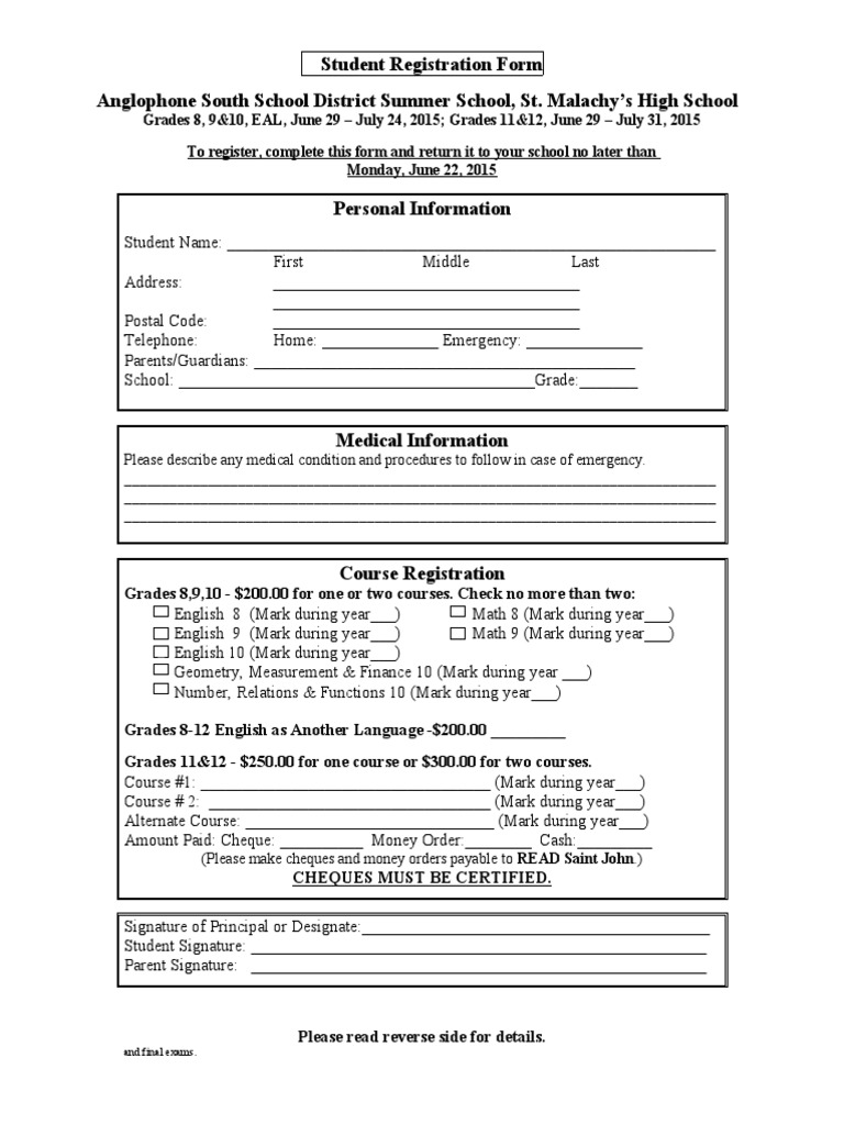 Student Registration Form 2015 | PDF | Money Order | Cheque