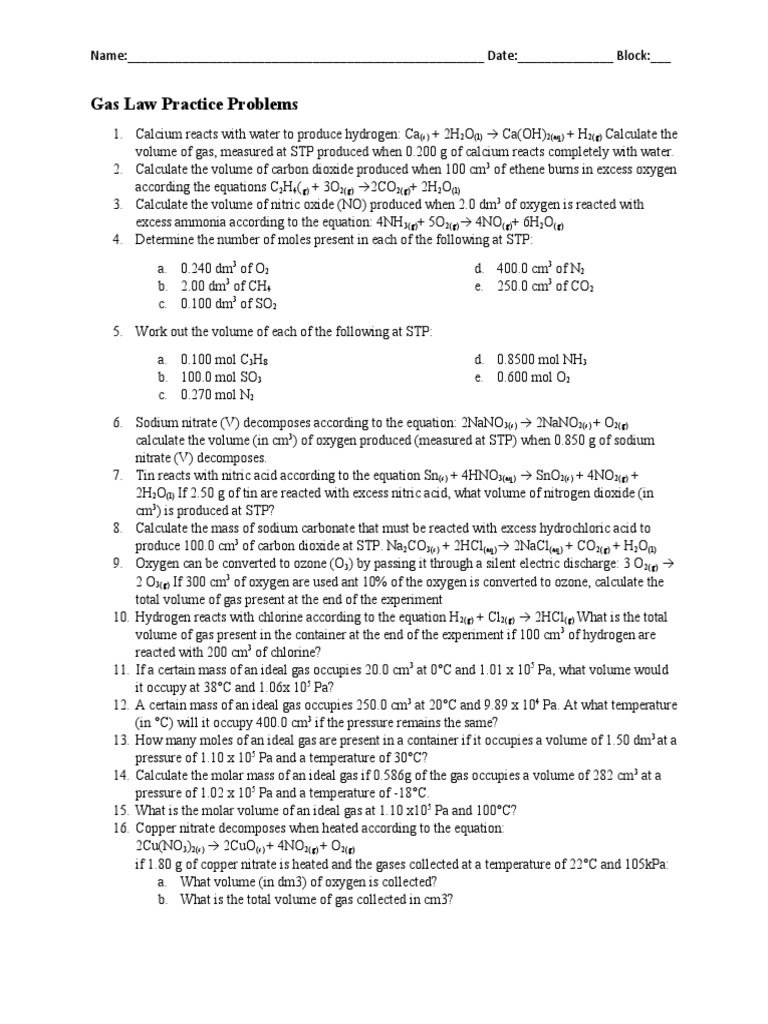 Gas Law Practice Problems | PDF