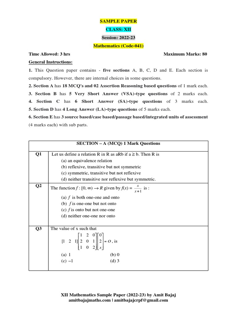 XII Mathematics Sample Paper (2022-23) by Amit Bajaj | PDF | Equations ...