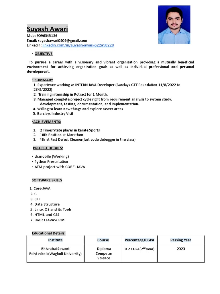 Suyash Awari CV | PDF | Information Technology Management | Computer Programming