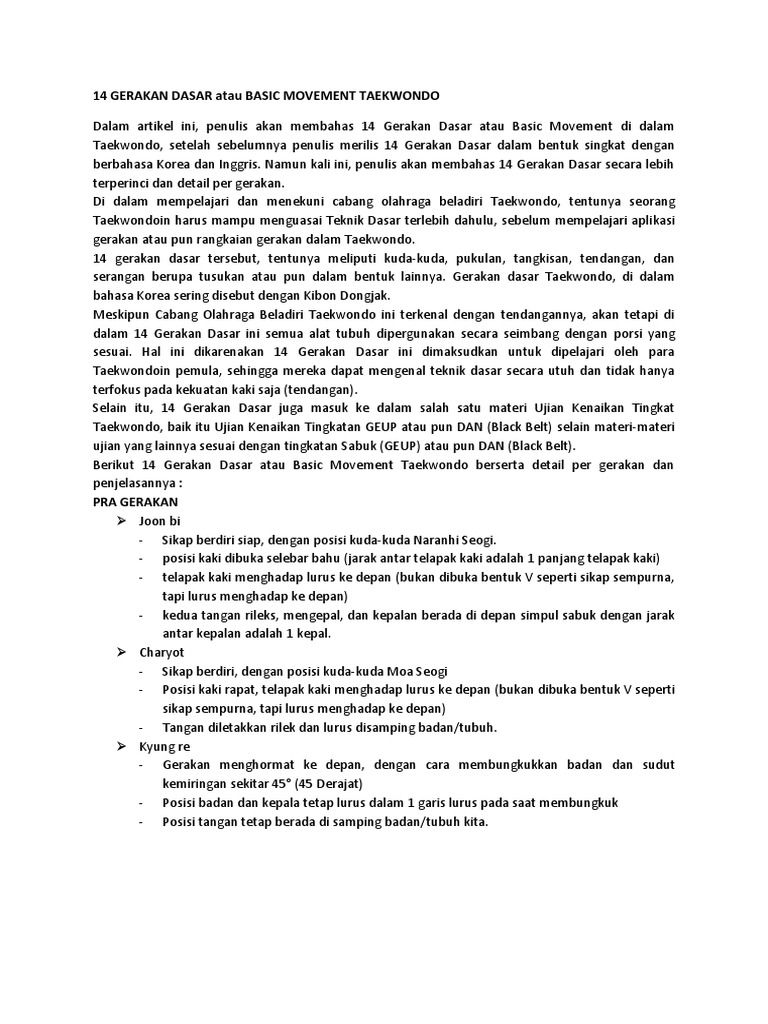 14 Gerakan Dasar Atau Basic Movement Taekwondo Pdf