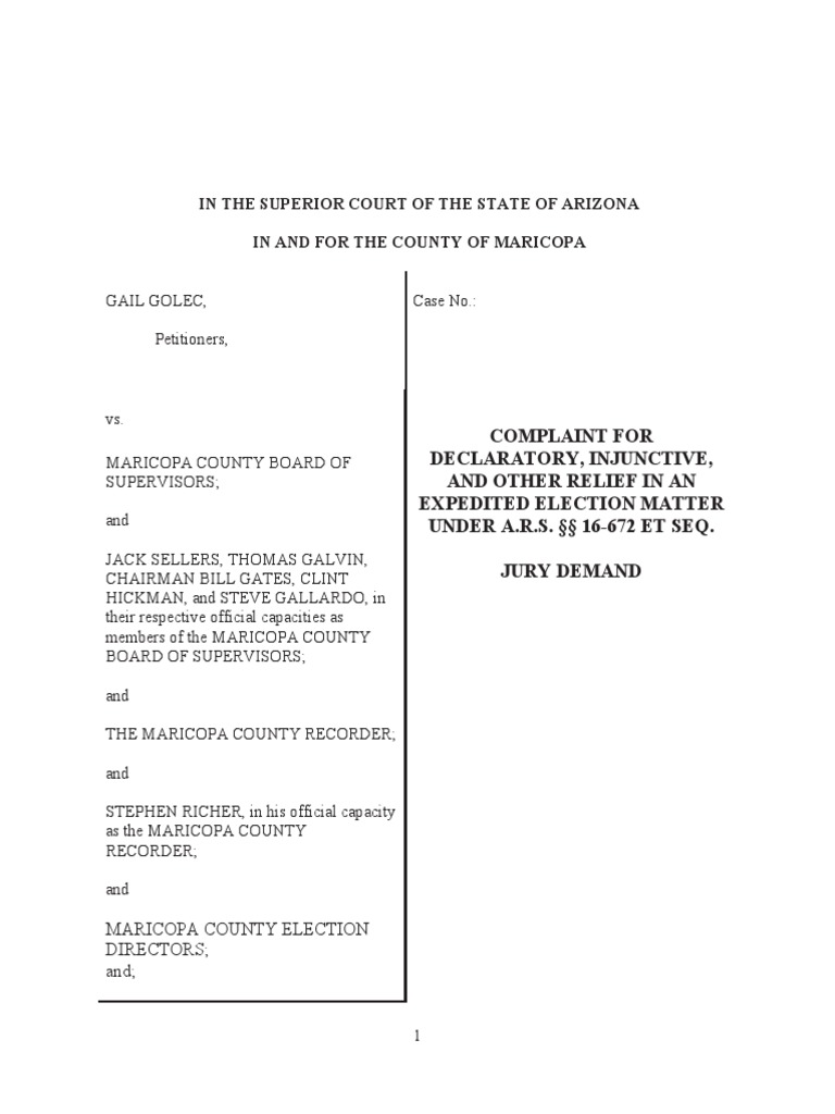 Golec v. MCBOS Et Al. Expedited Election Matter - Complaint For Relief ...