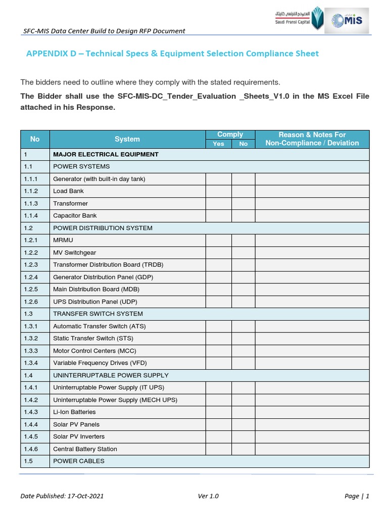 Appendix D - Technical Specs & Equipment Selection Compliance Sheet V1 ... Appendix D - Technical Specs & Equipment Selection Compliance Sheet V1 ...