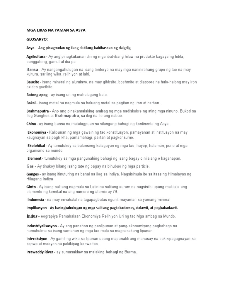 MGA LIKAS NA YAMAN SA ASYA 2 Topics | PDF