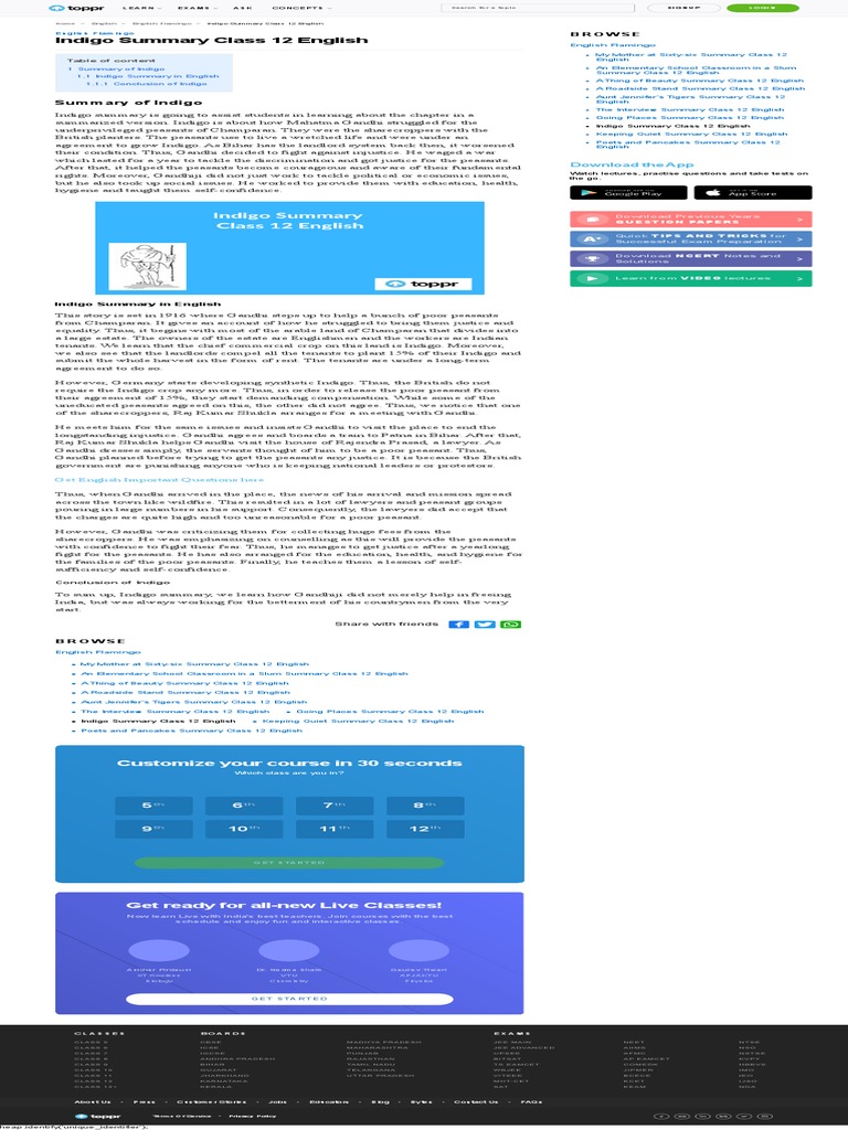 Indigo Summary Class 12 English - English Flamingo | PDF