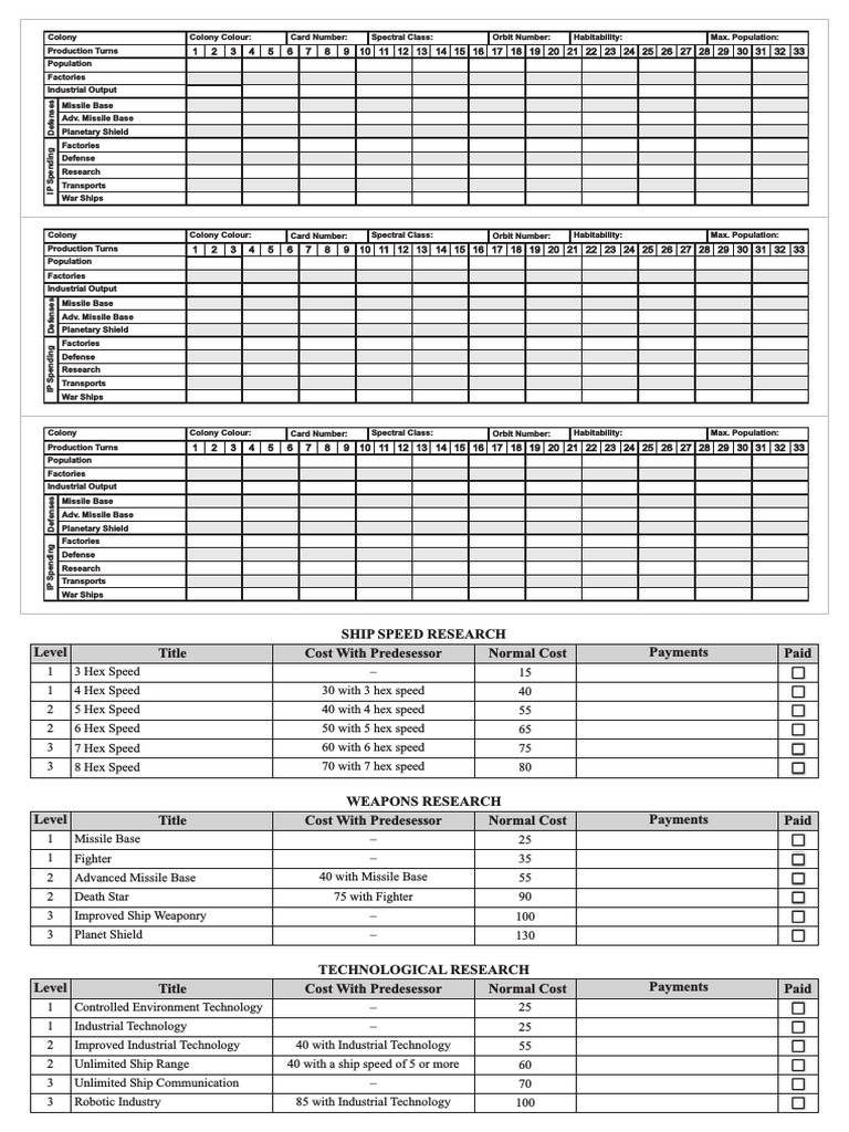 Stellar Conquest Colony Record Sheet - Short Game | PDF