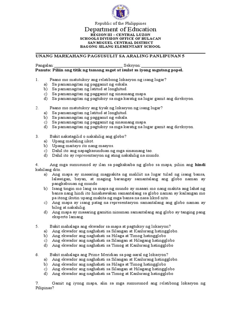 FIRST PERIODICAL TEST IN Araling Panlipunan 5 | PDF FIRST PERIODICAL TEST IN Araling Panlipunan 5 | PDF