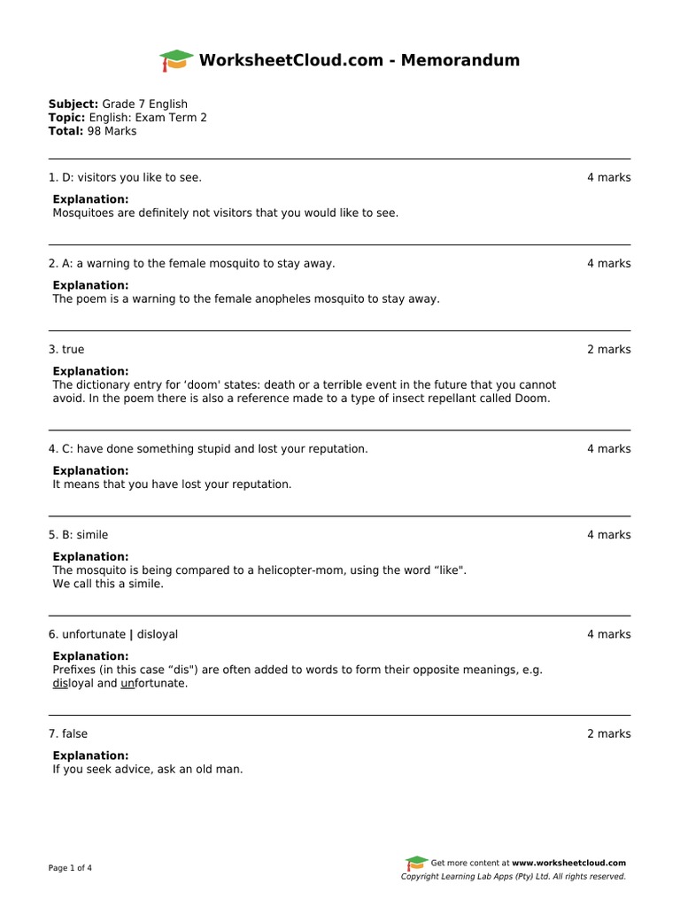 G7 English Term 2 Exam MEMO | PDF | Verb | Noun