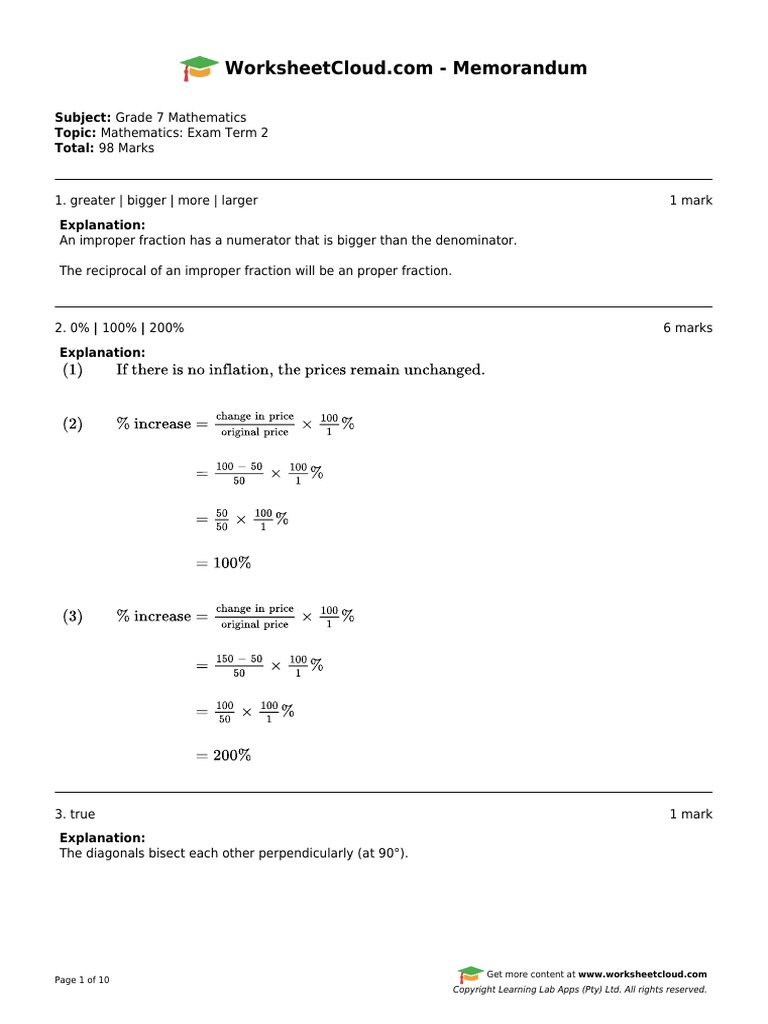 G7 Mathematics Term 2 Exam MEMO | PDF