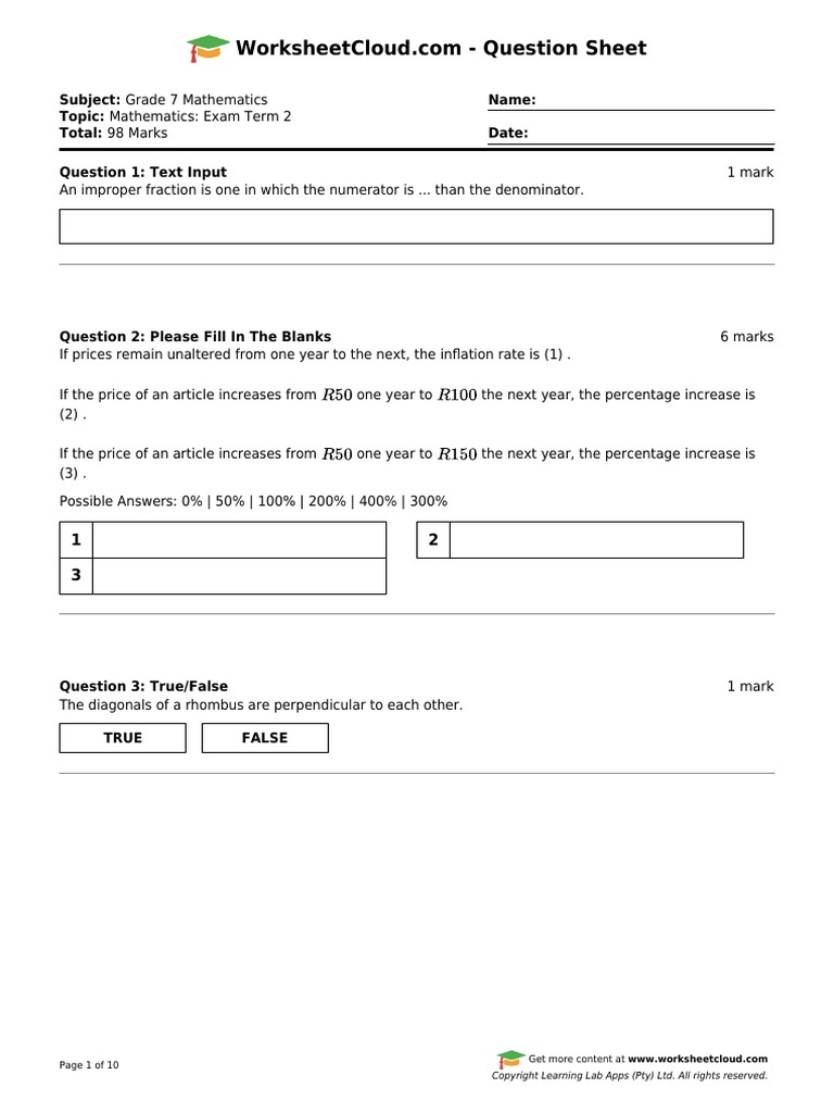 G7 Mathematics Term 2 Exam | PDF