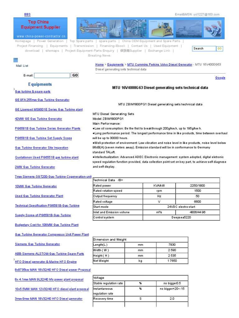 MTU 16V4000G63 Diesel Generating Sets Technical Data | Download Free PDF | Fuel Injection | Engines