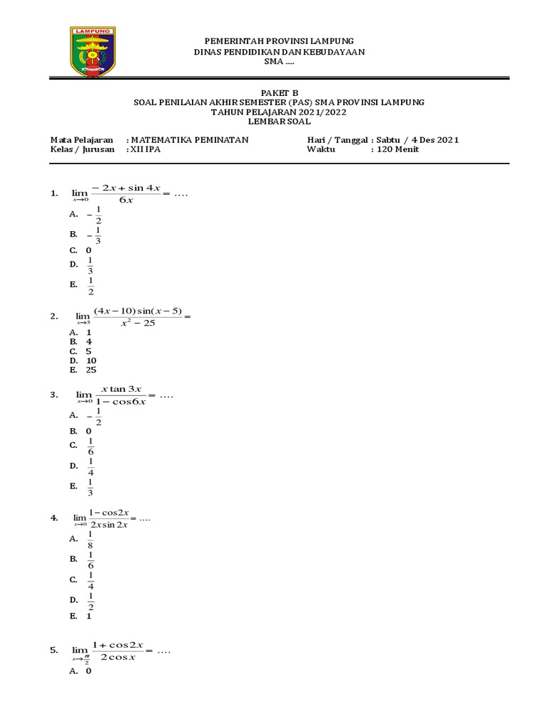 Soal Matematika Peminatan Xii Mipa Paket B Pas Ganjil 2021 | PDF