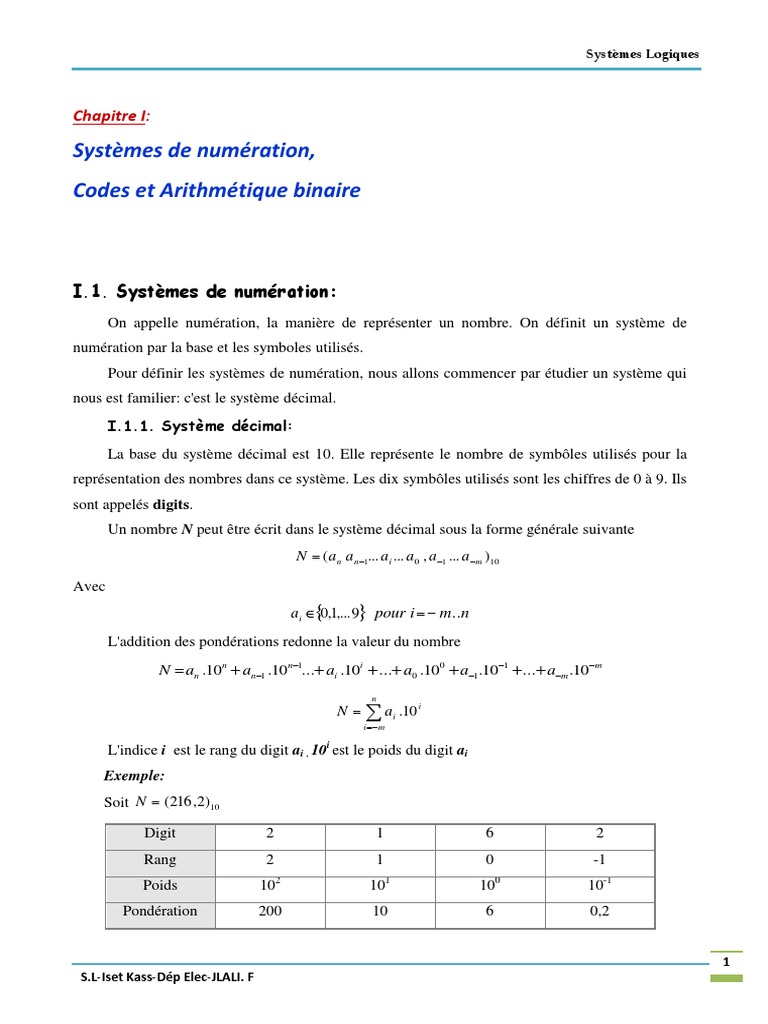 Chapitre 1 Systemes de Numeration Codes Et Arithmetique Binaire | Download Free PDF | Décimal ...