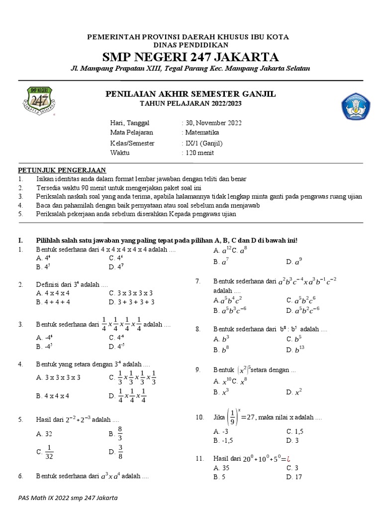 PAS Matematika IX Tahun 2022-2023 | PDF