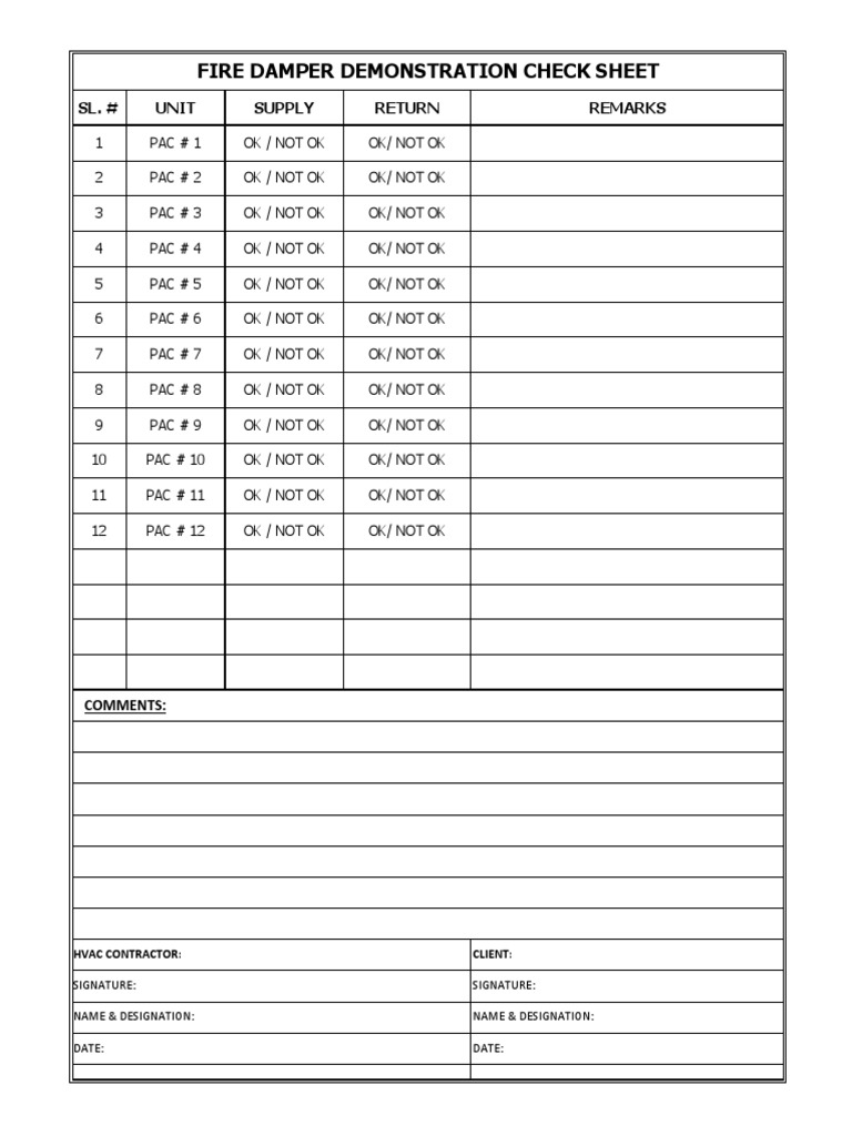 Fire Damper Check Sheet Template | PDF