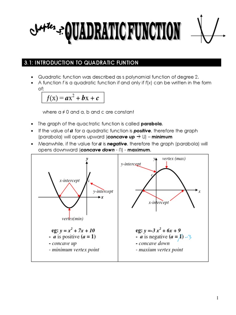 Ƒ (X) Ax + BX + C: 3.1: Introduction To Quadratic Funtion | PDF