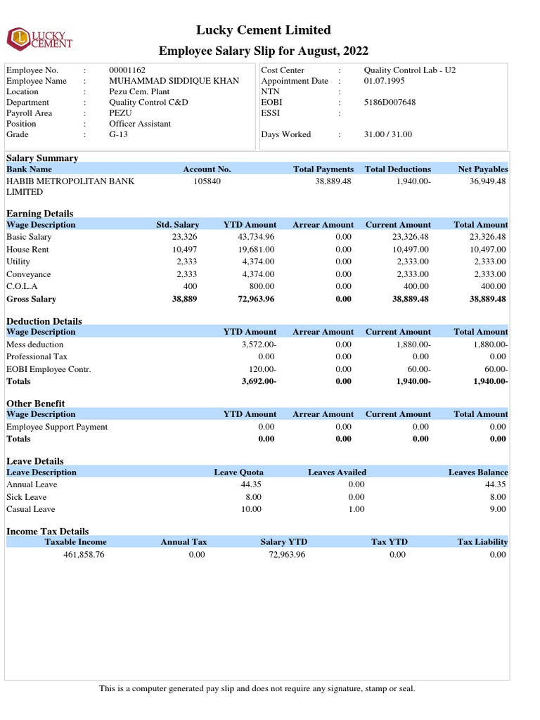 Employee Salary Slip For August, 2022: Lucky Cement Limited | PDF ...