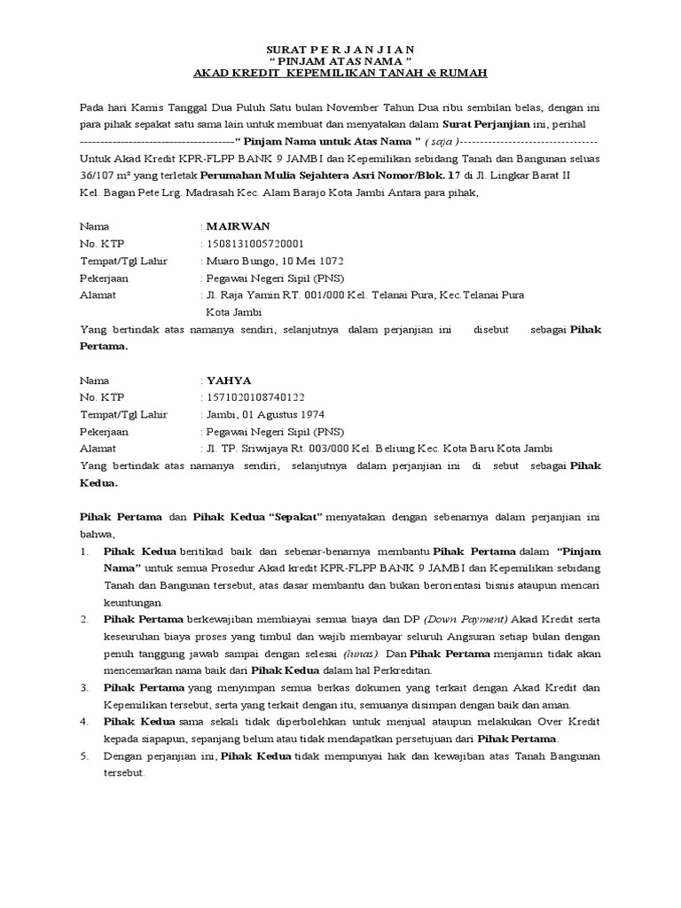 Perjanjian Pinjam Nama | PDF