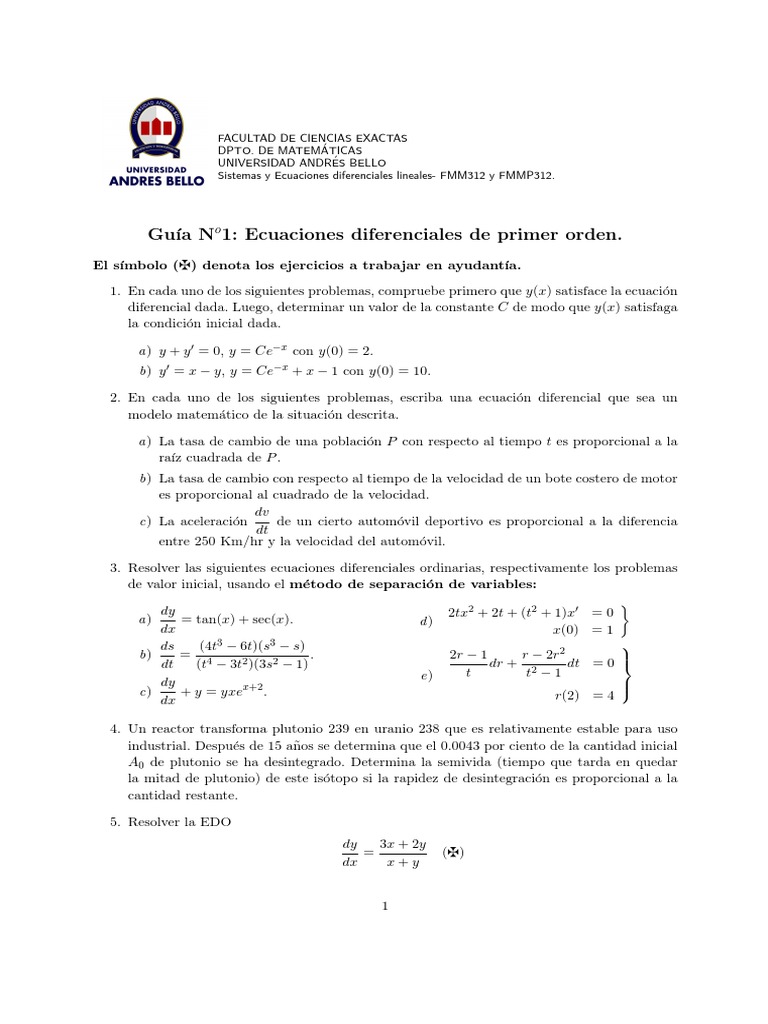 Guia 1 - EDO de 1 Orden FMM312 | PDF | Ecuaciones | Ecuación diferencial ordinaria