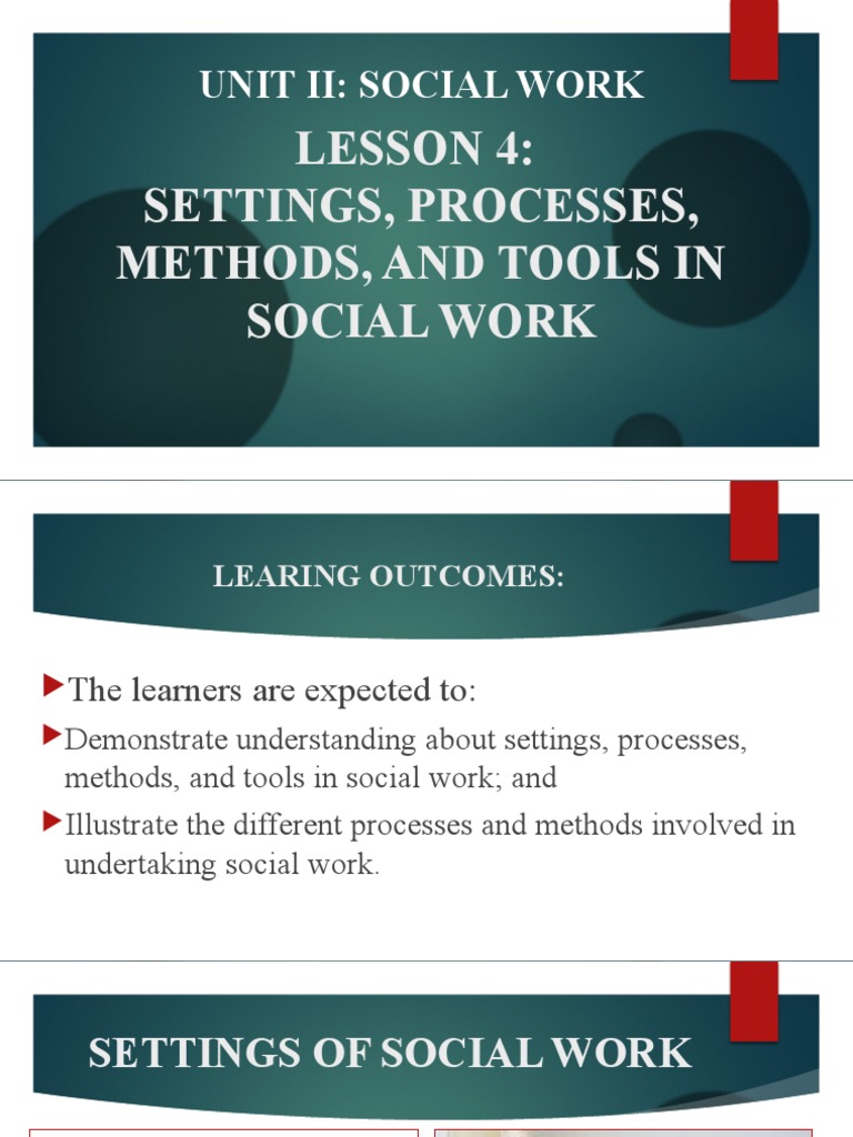 Diass Unit II, Lesson 4 - Settings, Processes, Methods, and Tools in Social Work | PDF | Social ...
