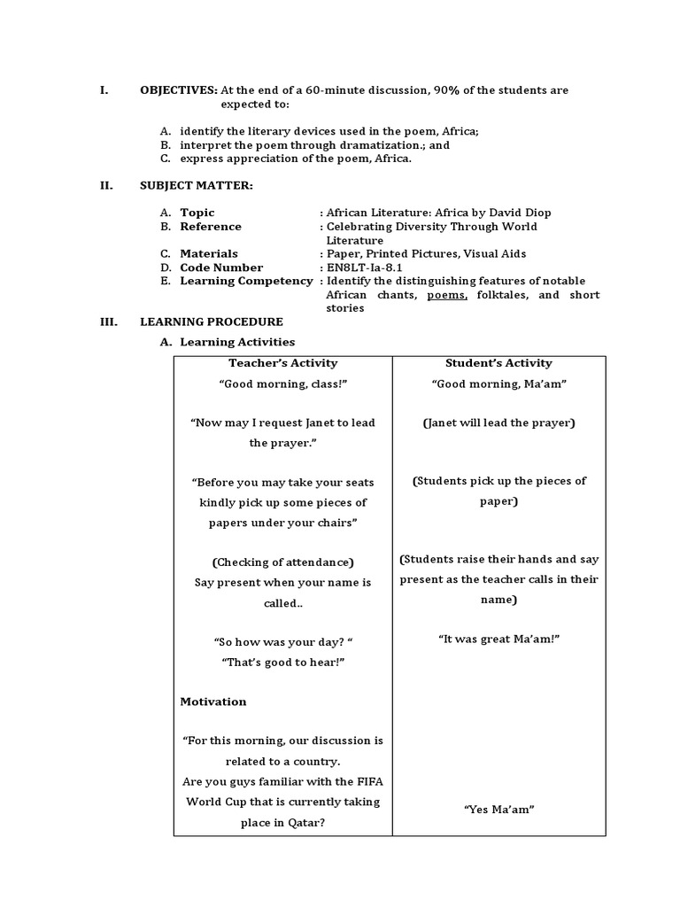Detailed Lesson Plan Engliah 8 Africa David Diop | PDF | Lesson Plan