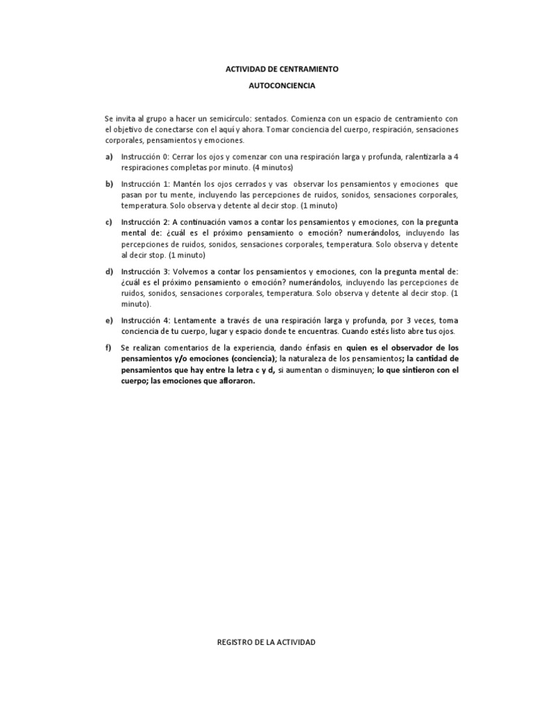 Actividad de Centramiento y Autoconciencia | PDF