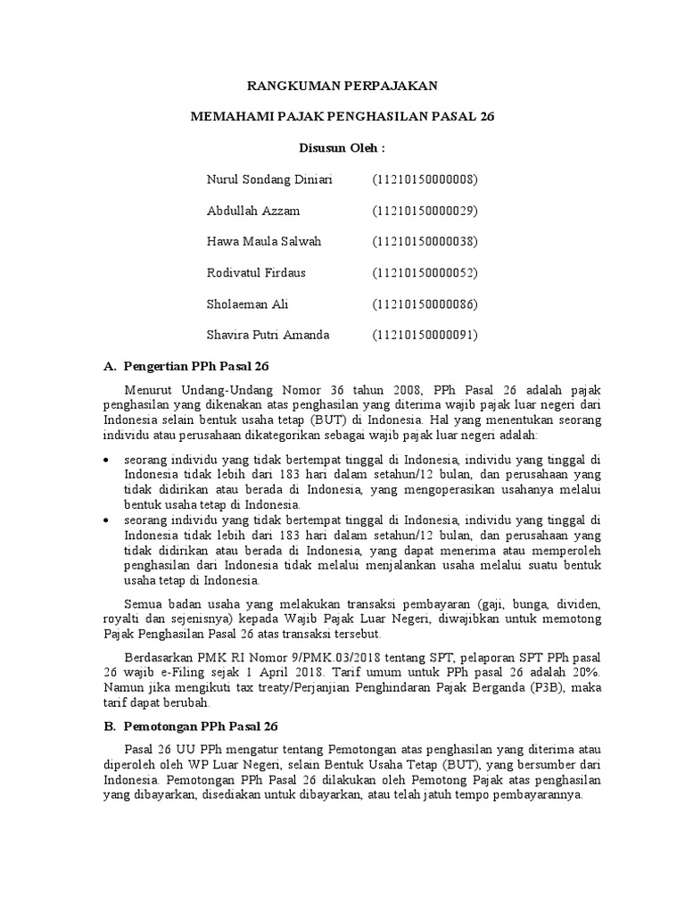 Rangkuman Pph Pasal 26 Kel 6 1 Pdf
