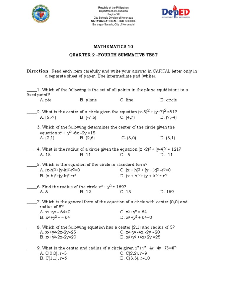 Math 10-q2 - Summative 4 & Performance Task 4 | PDF