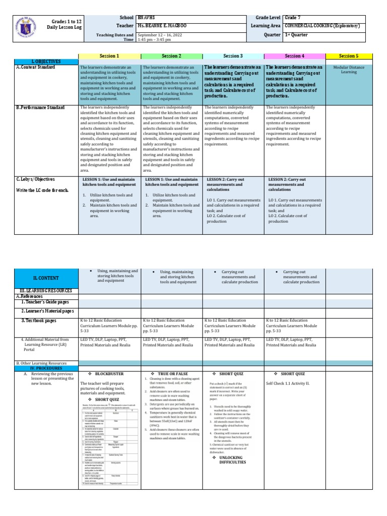Grade 7 Commercial Cooking Lesson Plan | PDF | Learning | Curriculum