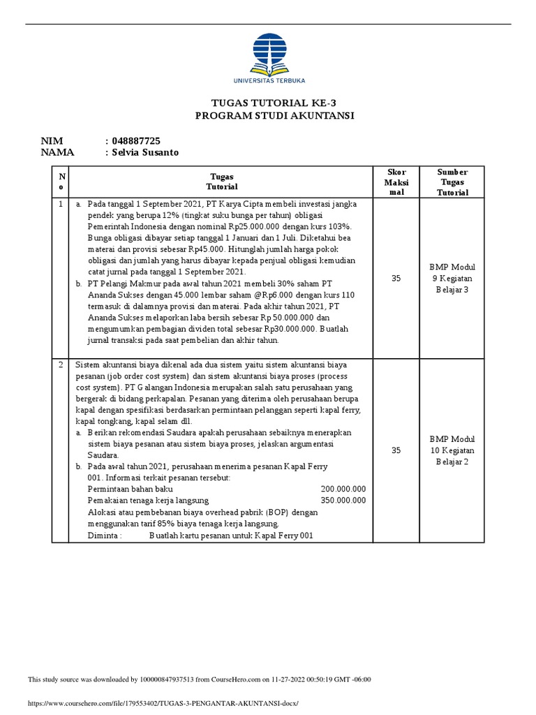 Tugas 3 Pengantar Akuntansi | PDF | Pengelolaan Keuangan & Uang
