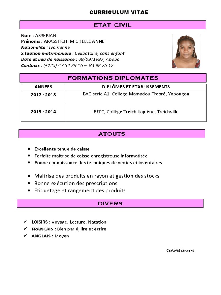 CV d'Akassitchi Michelle Anne | PDF | Études des langues étrangères