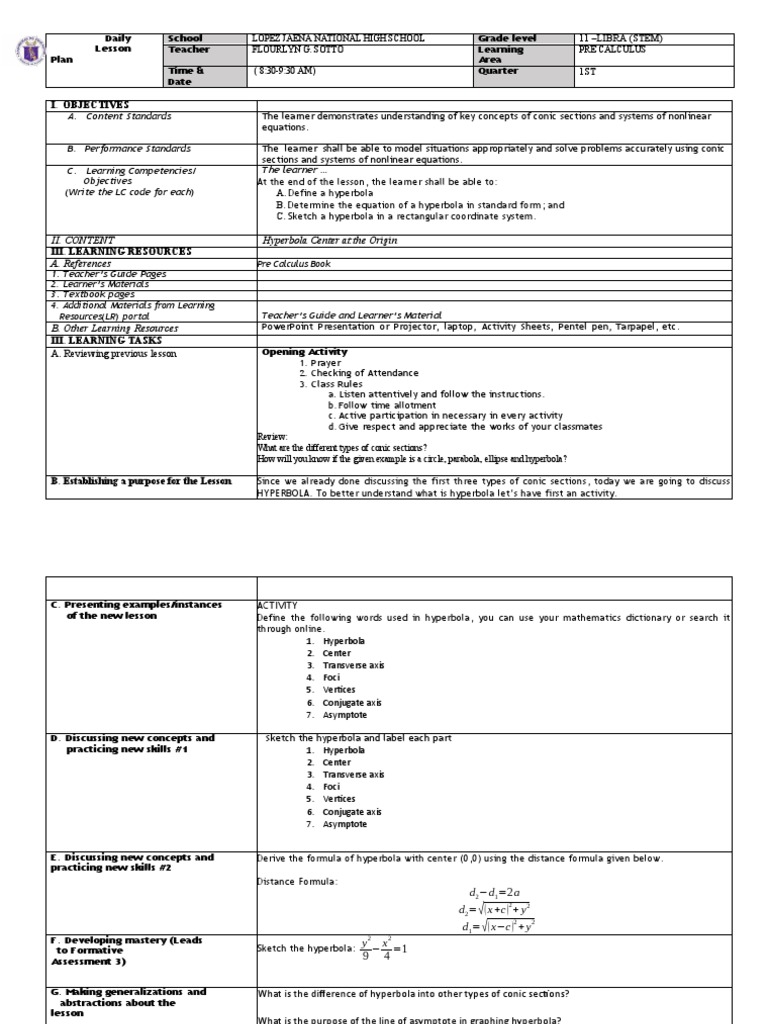 Hyperbola Lesson Plan | PDF | Asymptote | Mathematics