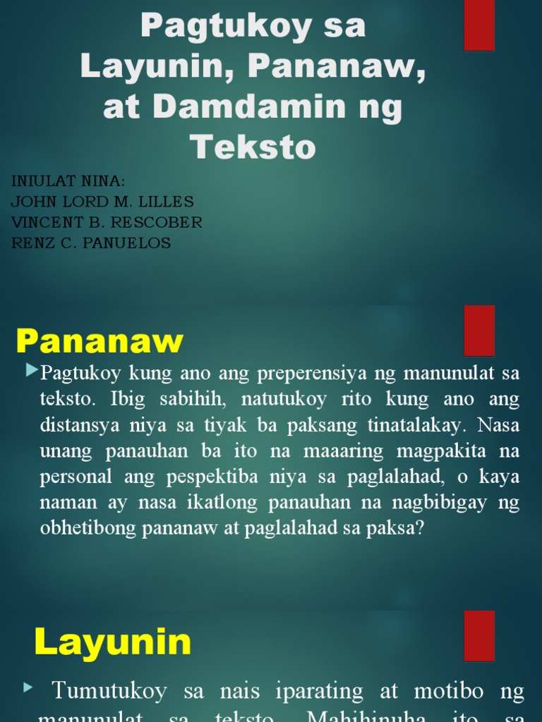 Pagtukoy Sa Layunin Pananaw at Damdamin NG Teksto | PDF