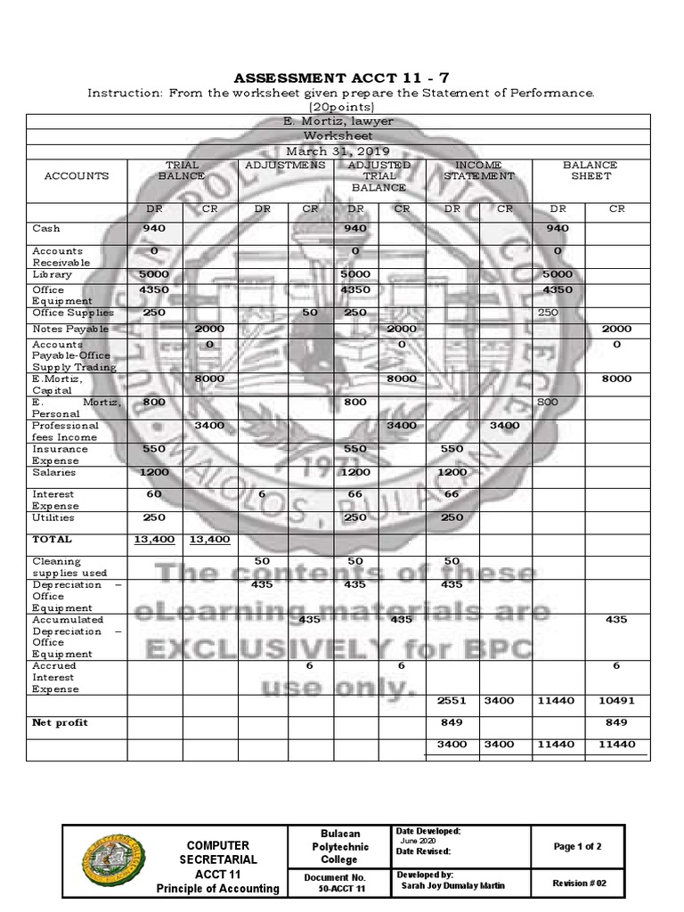 CS Acct 11 - Assessment Acct 11 - 7 | PDF | Expense | Depreciation
