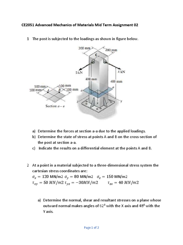 CE2051 Advanced Mechanics of Materials Mid Term Assignment 02 Year 2022 | PDF