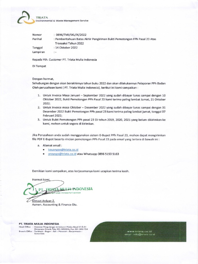 Surat Pemberitahuan Perihal Bukpot PPH 23 Tahun 2022 Triata Mulia ...