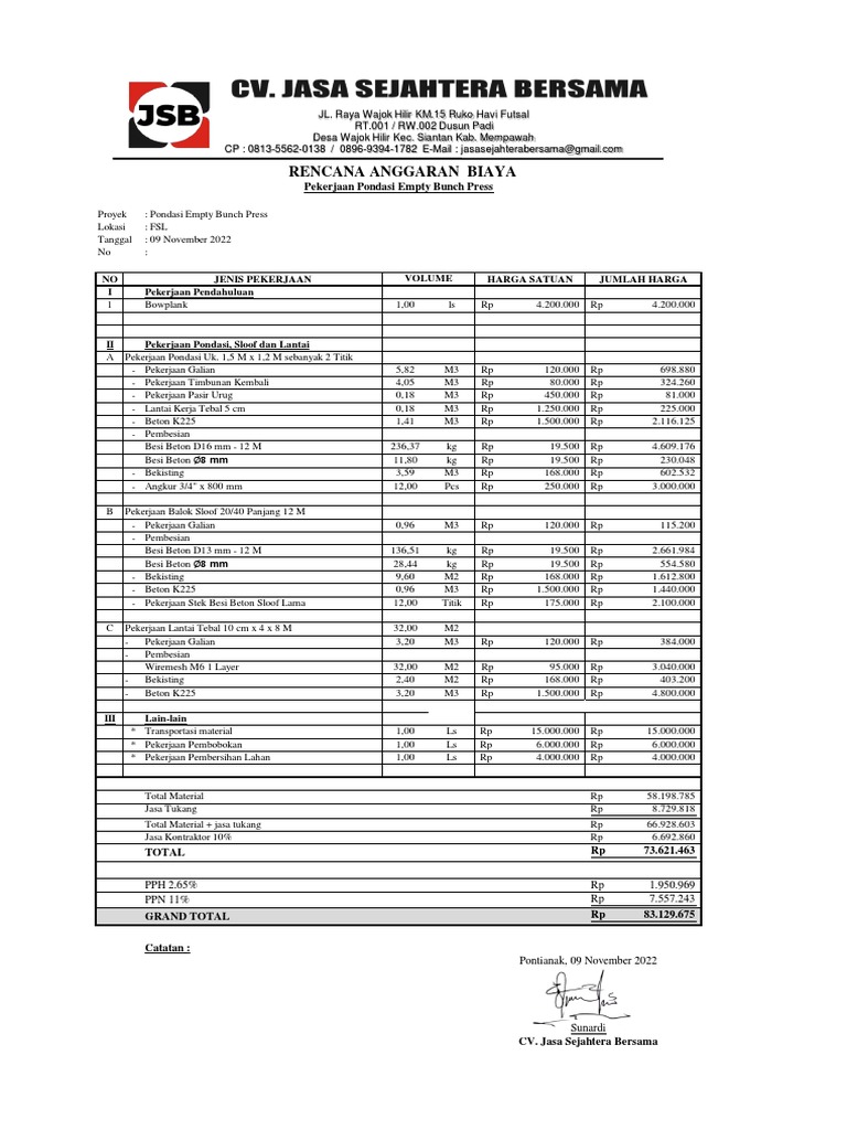 RAB Pondasi Empty Bunch Press | PDF