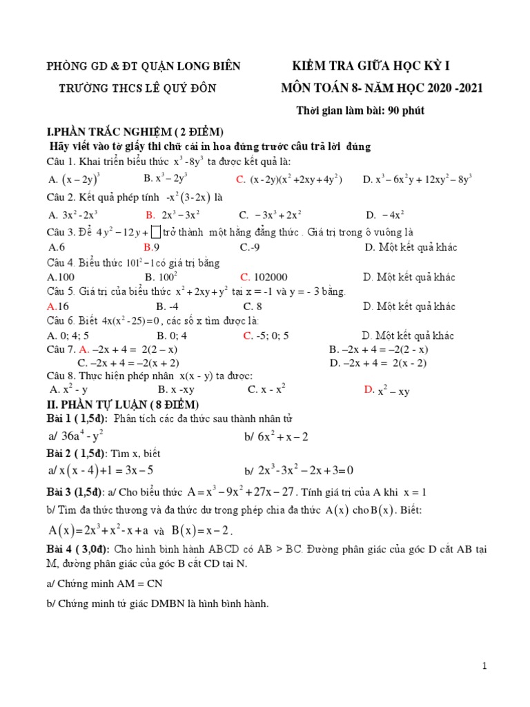 De Thi Giua Hoc Ki 1 Toan 8 Nam 2020 2021 Truong Thcs Le Quy Don Ha Noi | PDF