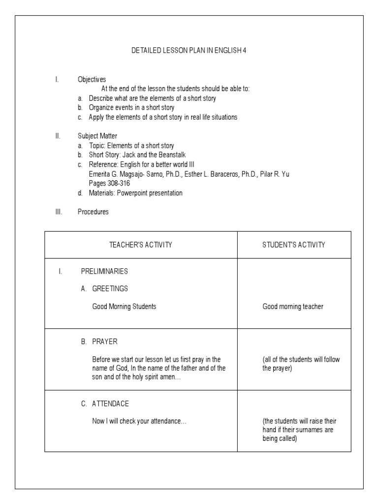 Grade 4 English Lesson Plan: Short Stories | PDF