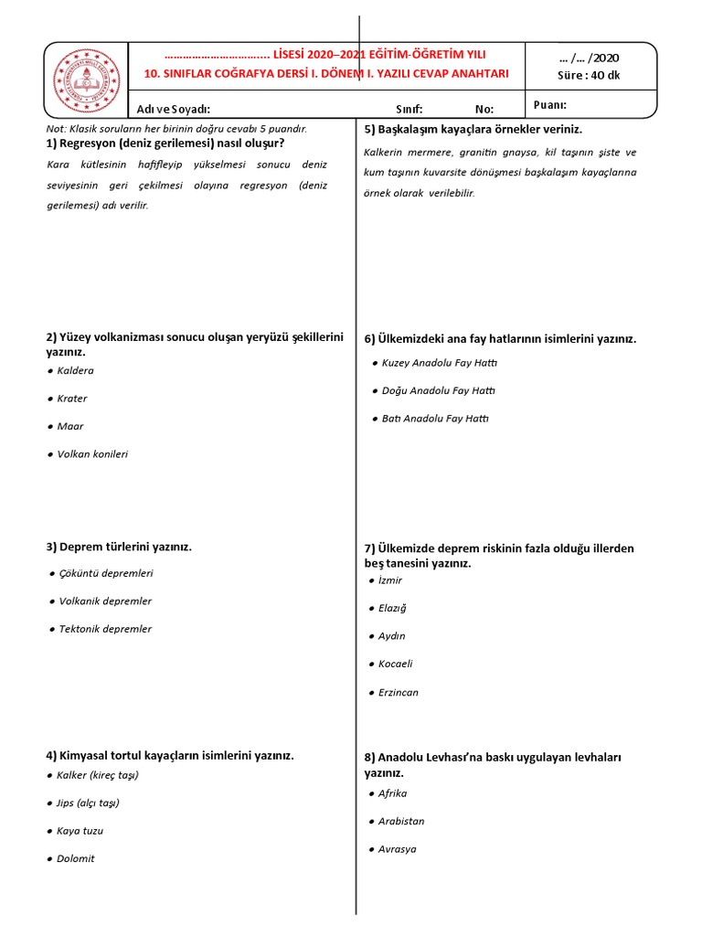 10 Sinif 1 Donem 1 Yazili Cevap Anahtari 2021 Yeni | PDF