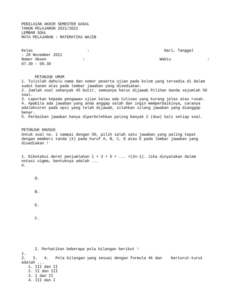 Soal PAS Semester 1 Kelas 11 Matematika Wajib Tahun 2021 | PDF