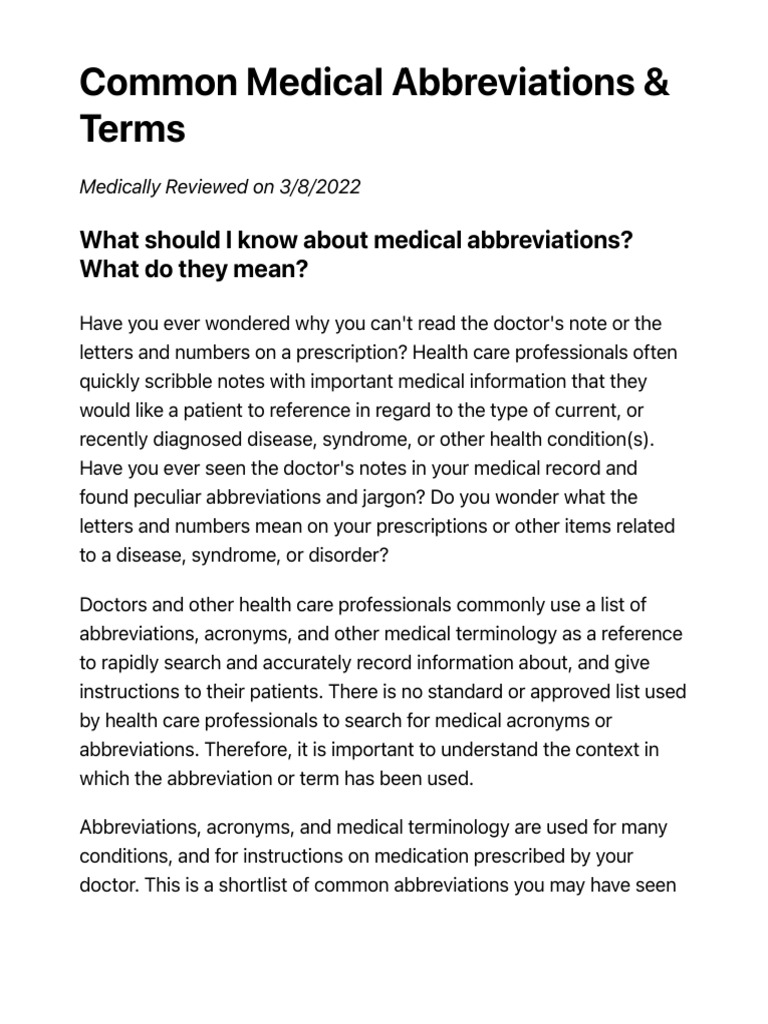 A-Z List of Common Medical Abbreviations, Acronyms & Definitions | PDF